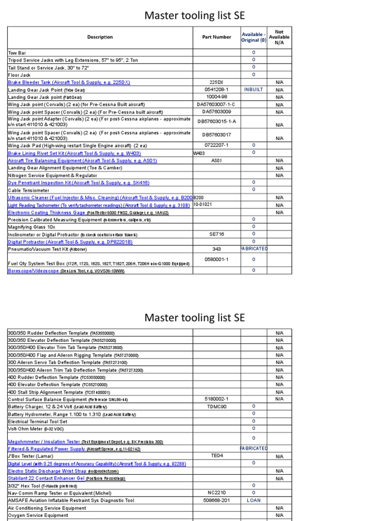 Tooling List | PDF | Flight Control Surfaces | Vehicles