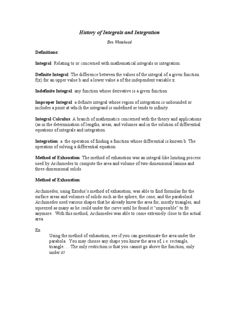 History of Integrals and Integration: Ben Whitehead | PDF | Integral | Area