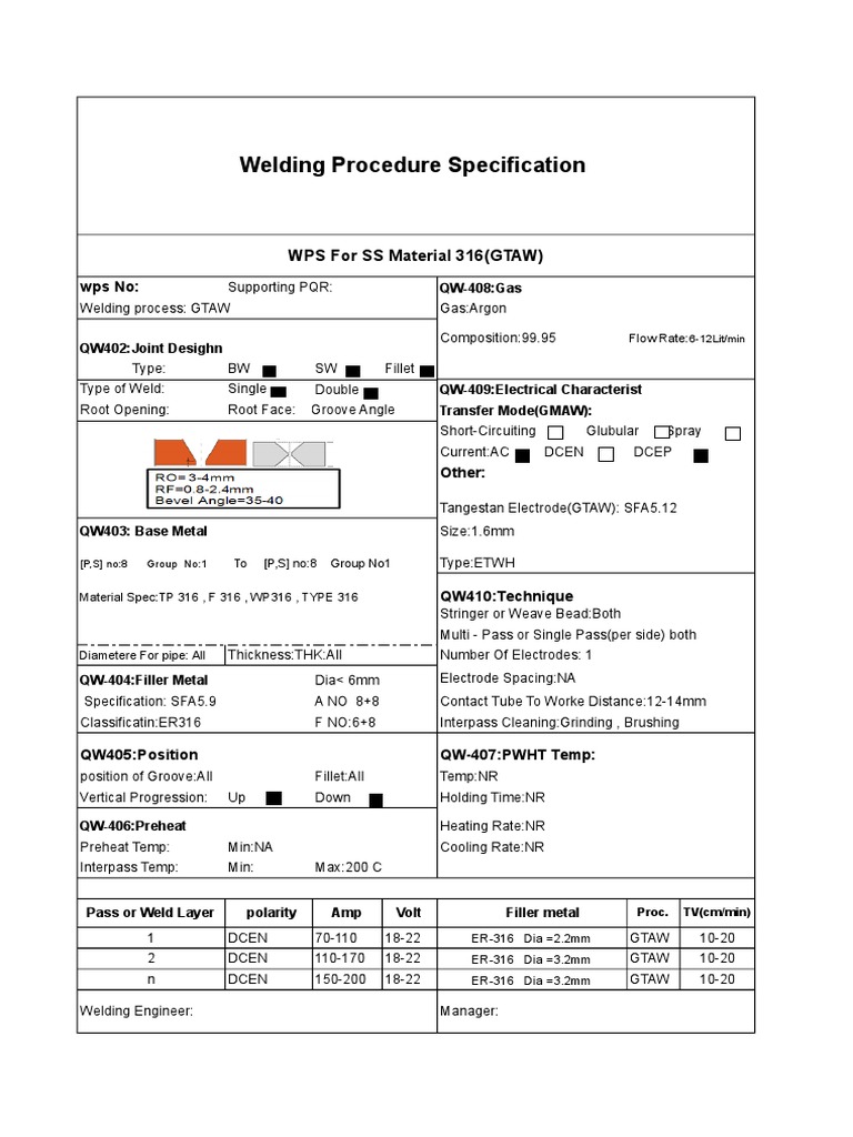 Welding Procedure Specification: WPS For SS Material 316 (GTAW) | PDF ...