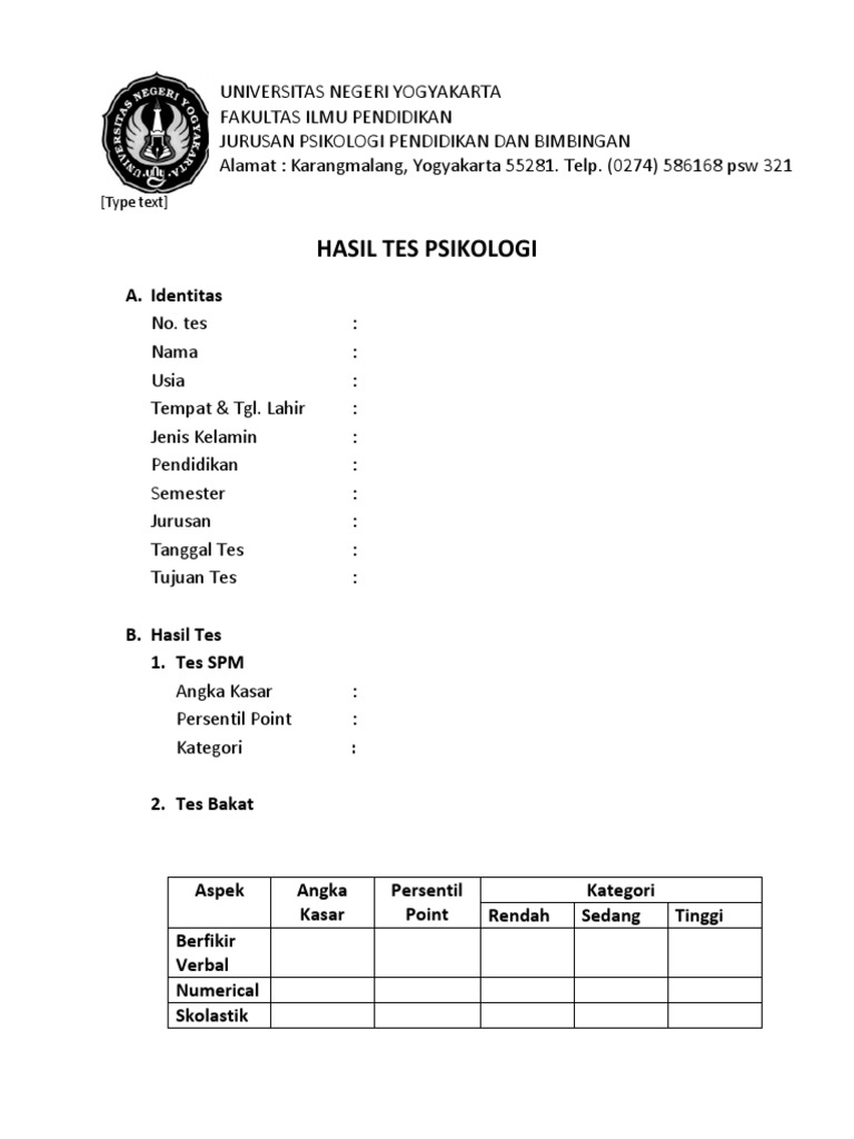 Laporan Hasil Tes Psikologi Siswa | PDF | Karier & Perkembangan