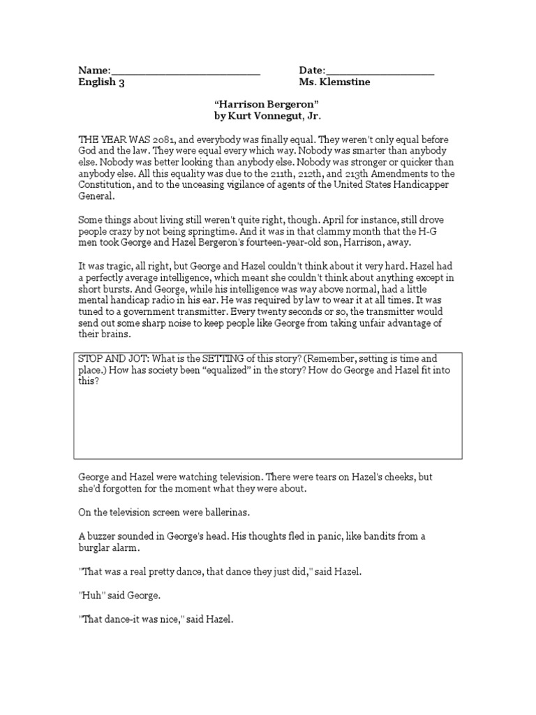 Harrison Bergeron: A Study Guide | PDF | Social Science | Mystery ...