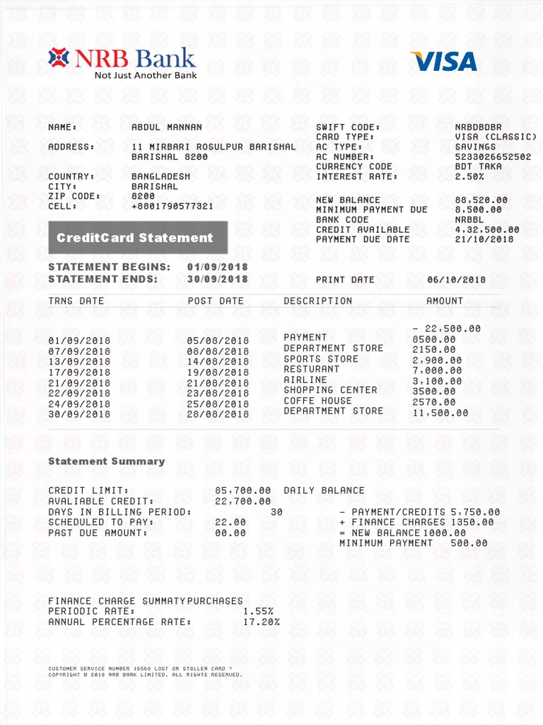 NRB Credit Card Statement | Credit Card | Services (Economics)