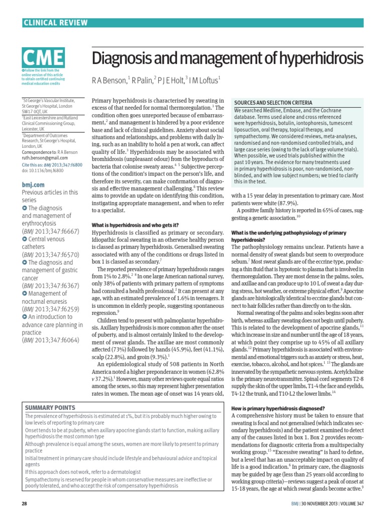Diagnosis and Management of Hyperhidrosis: R A Benson, R Palin, Pjeholt ...