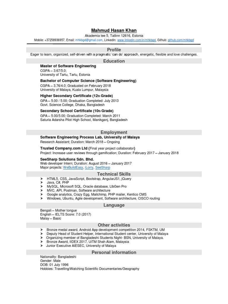 Mahmud Hasan Khan CV | PDF | Software | Computing