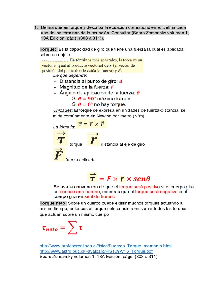 Defina Qué Es Torque y Describa La Ecuación Correspondiente | PDF ...