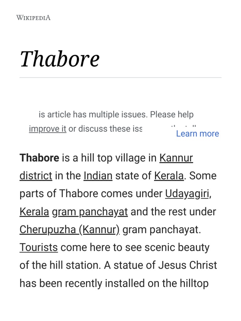 Thabore: Thabore Is A Hill Top Village in Kannur | PDF