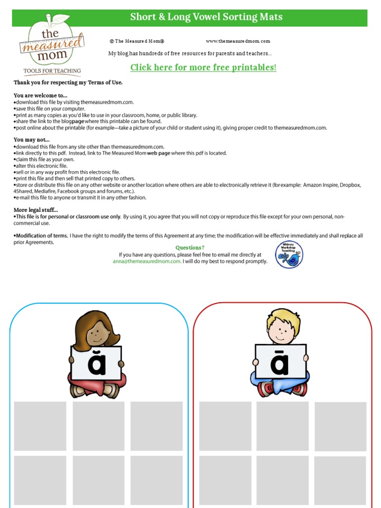 Short & Long Vowel Sorting Mats: Click Here For More Free Printables! | PDF
