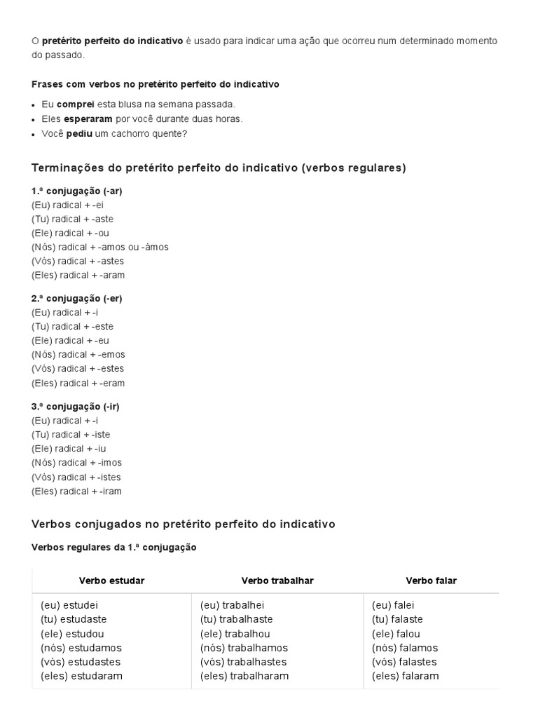 Pretérito Perfeito Do Indicativo - Conjugação de Verbos | Linguística ...