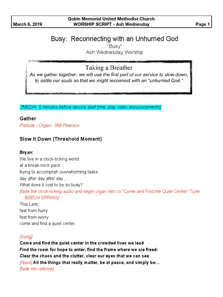 Ash Wednesday Worship Script | PDF | Lent | Fasting