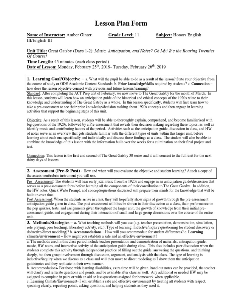 Great Gatsby Lesson Plan Overview | PDF | Educational Assessment ...