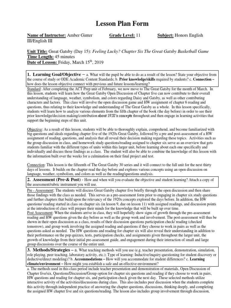 Great Gatsby Lesson 15 | PDF | Teachers | Reading (Process)