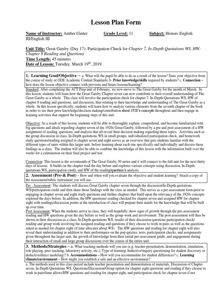 Great Gatsby Lesson Plan: Chapter 7 Analysis | PDF | Question | Teachers