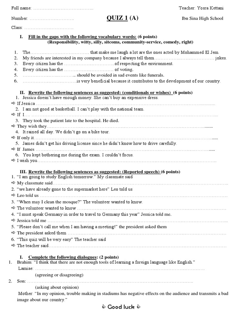 Yos QUIZ 4 2nd Bac A | PDF