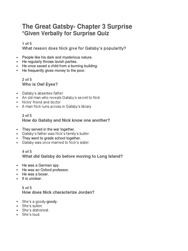Chapter 3 Quiz: The Great Gatsby | PDF