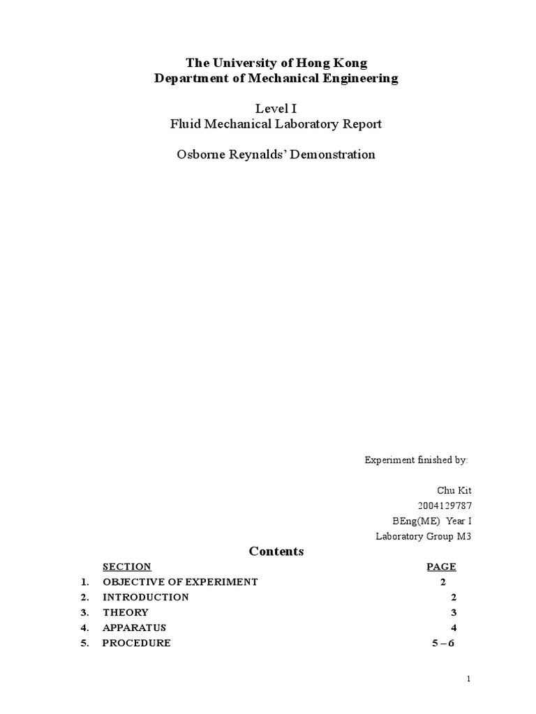 Level I Fluid Mechanical Laboratory Report Osborne Reynalds ...