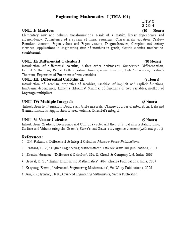 Engineering Mathematics - I (TMA-101) UNIT-I: Matrices: LTPC 3 2 0 4 ...