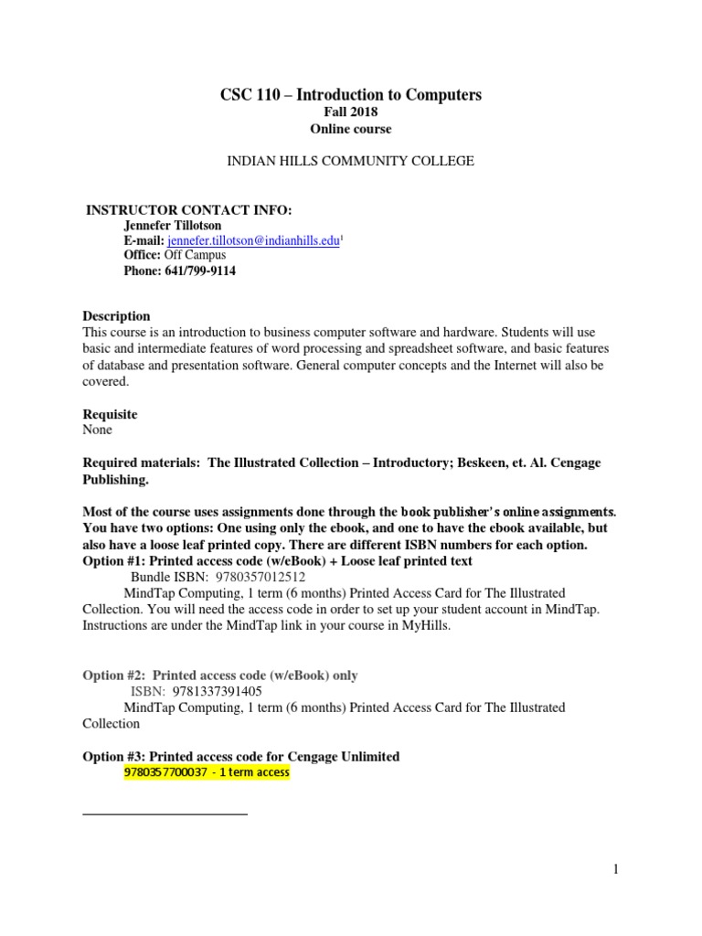 CSC 110 - Introduction To Computers: Jennefer Tillotson E-Mail: Office ...
