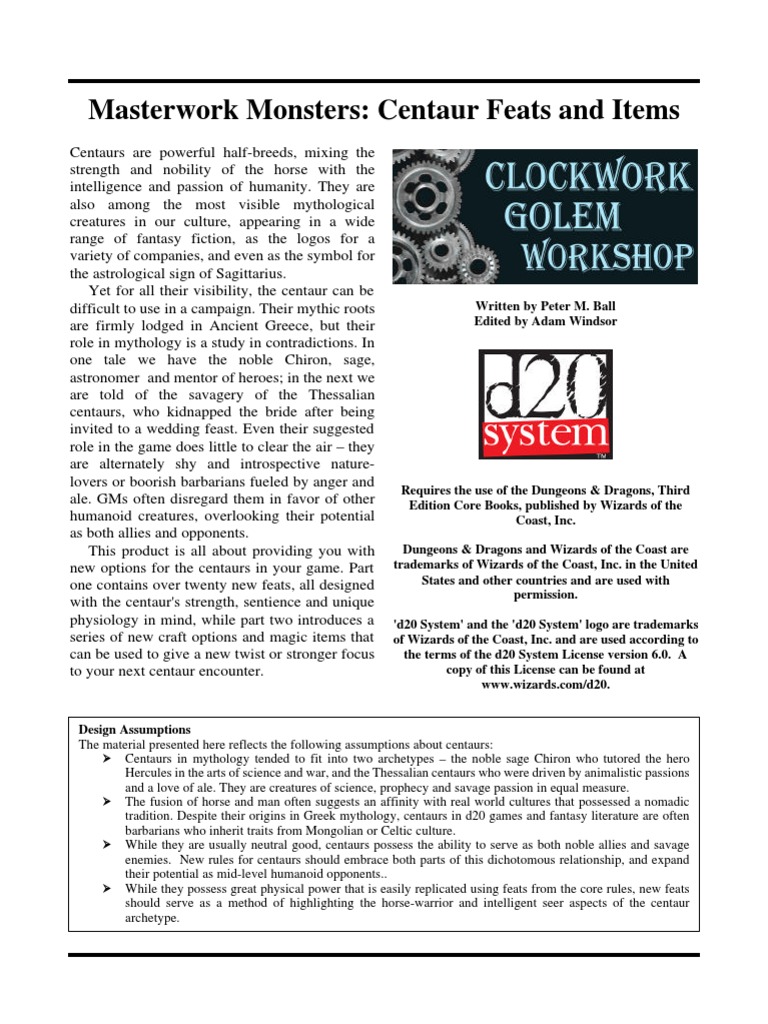 Clockwork Golem - Masterwork Monsters - Centaur Feats and Items (d20) | PDF