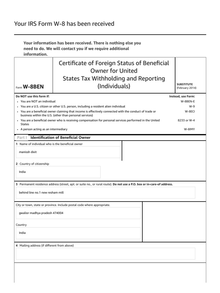 Amazon Tax Form Mine | PDF | Withholding Tax | Irs Tax Forms