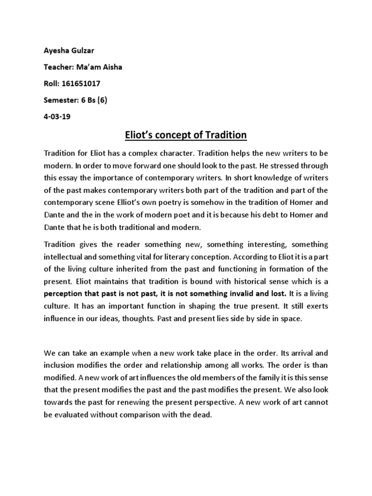 Eliot's Concept of Tradition: Ayesha Gulzar Teacher: Ma'am Aisha Roll ...