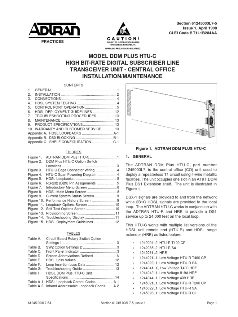 Model DDM Plus Htu-C High Bit-Rate Digital Subscriber Line Transceiver ...