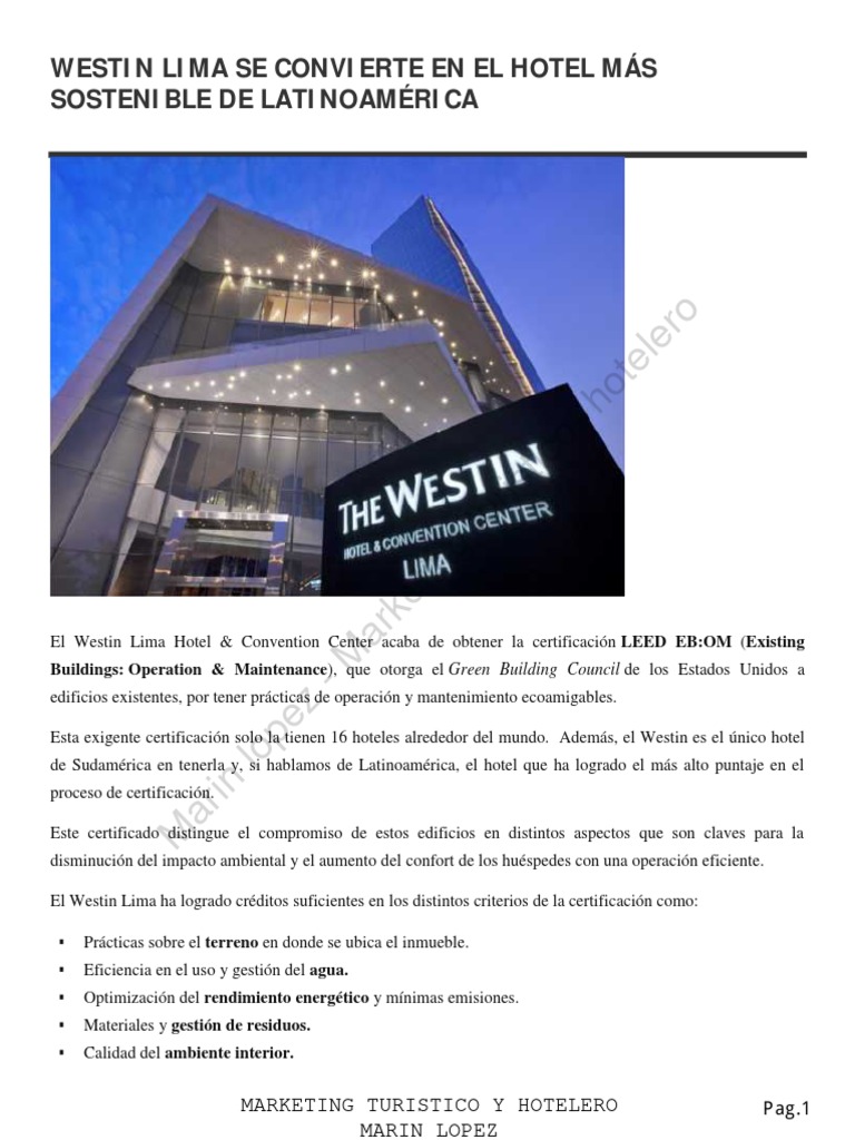 Westin Lima Se Convierte en El Hotel M S Sostenible de Latinoam Rica ...