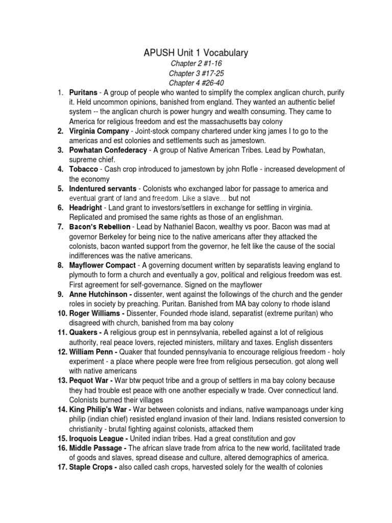 Apush Unit 1 Vocabulary | PDF | Thirteen Colonies | Massachusetts Bay ...