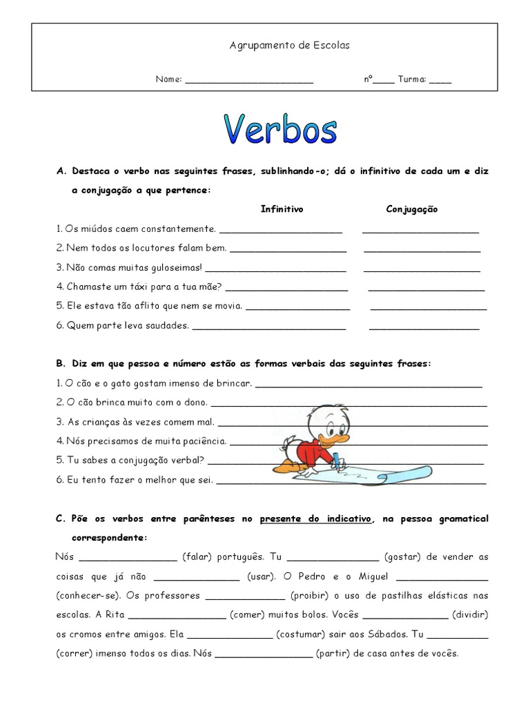 Ficha De Trabalho Verbos Regulares Linguística