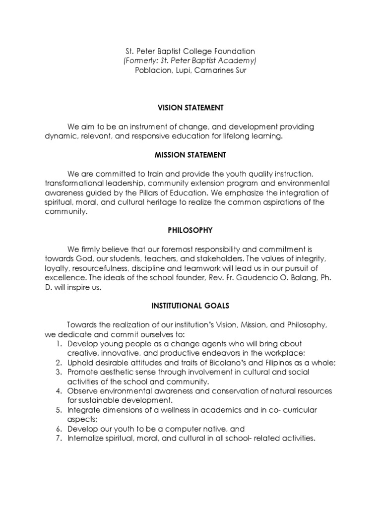 St. Peter Baptist College Foundation Goals | PDF | Wellness