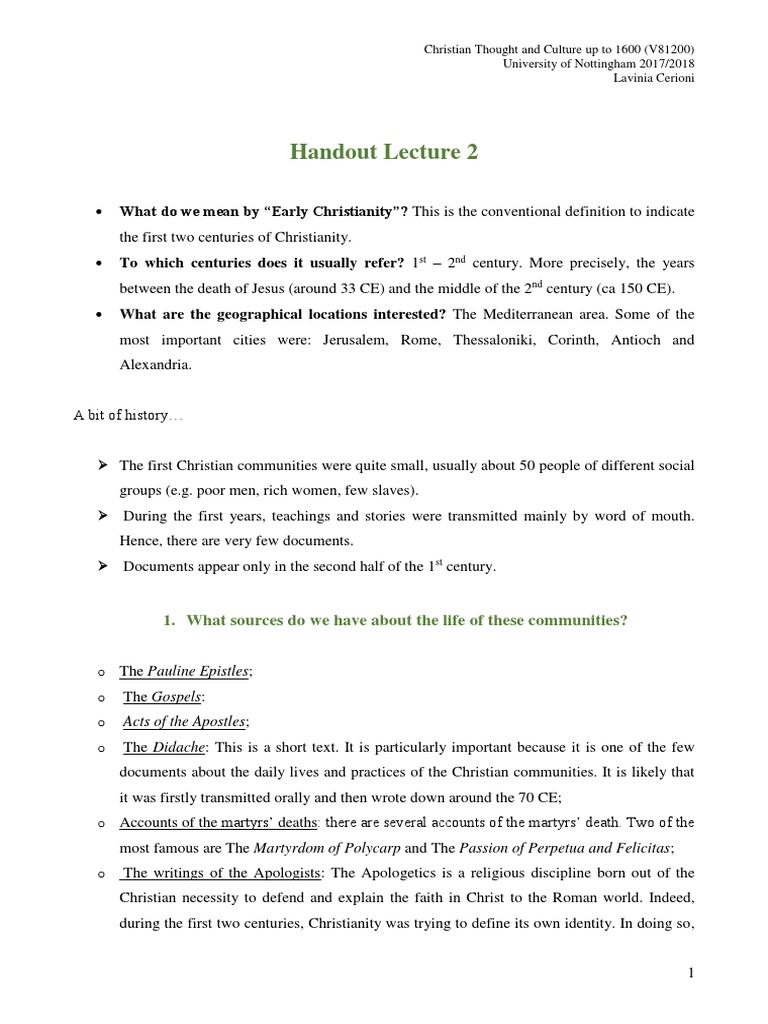 Handout Lecture 2: What Do We Mean by "Early Christianity"? This Is The ...