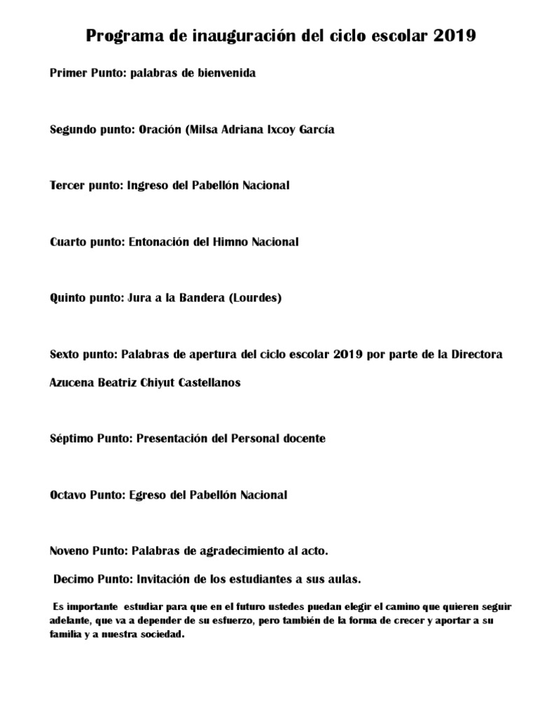 Programa de Inauguración Del Ciclo Escolar 2018 Imprimir