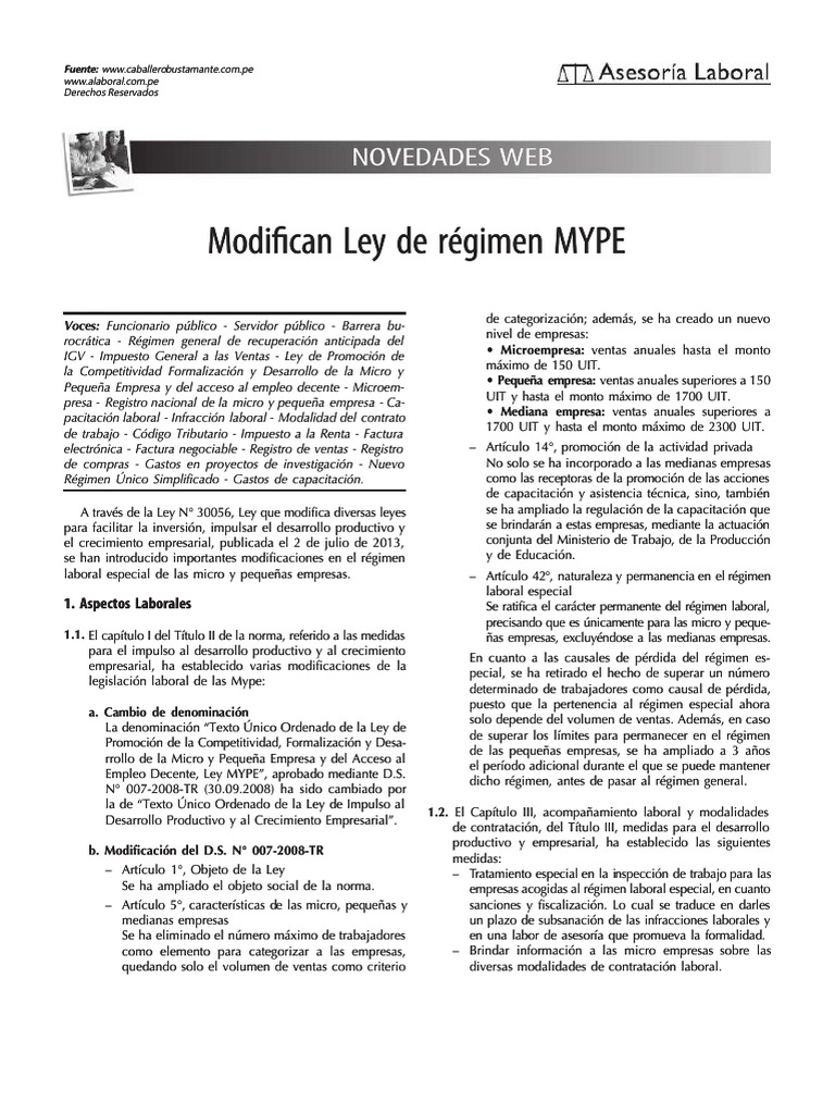 Caballero Bustamante Modifican La Ley Mype | PDF | Pequeñas y medianas empresas | Derecho laboral