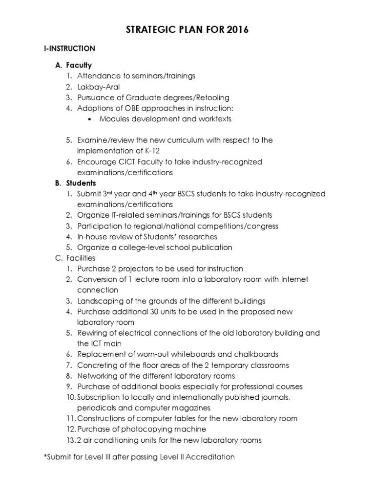 Strategic Plan For 2016 | PDF | Technology & Engineering