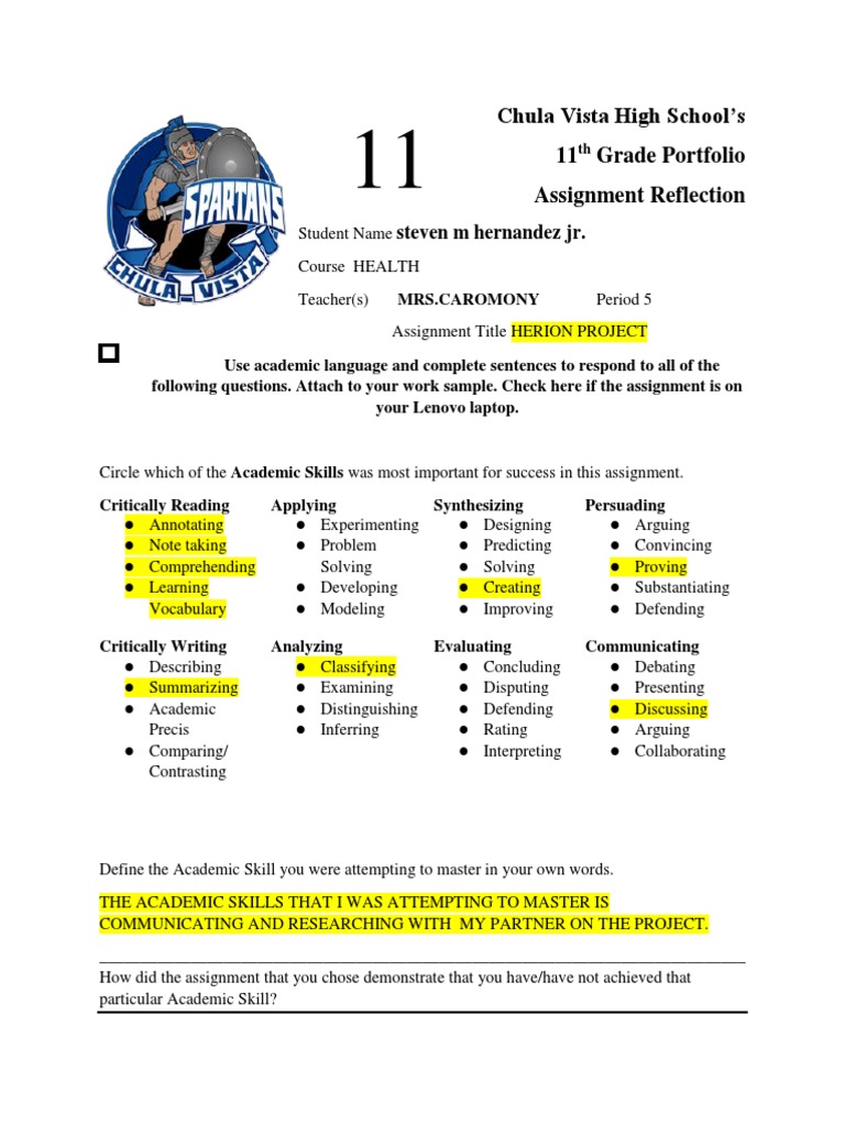 Chula Vista High School's 11 Grade Portfolio Assignment Reflection ...