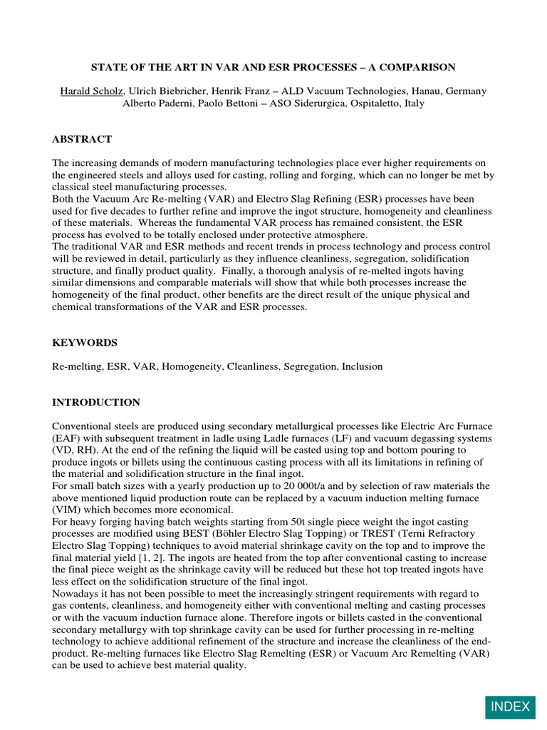 Var and Esr Processes | PDF | Ingot | Casting (Metalworking)