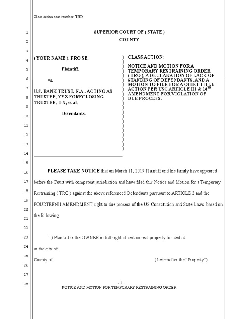 Homeowner Temporary Restraining Order (Tro) To Stop Foreclosure | PDF | Mail | Lawsuit