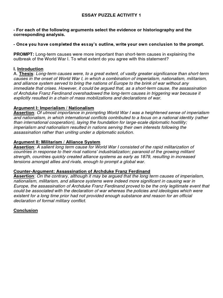 Essay Puzzle Activity - Prompt 1 - Long-Term, Short-Term Causes For WW1 ...
