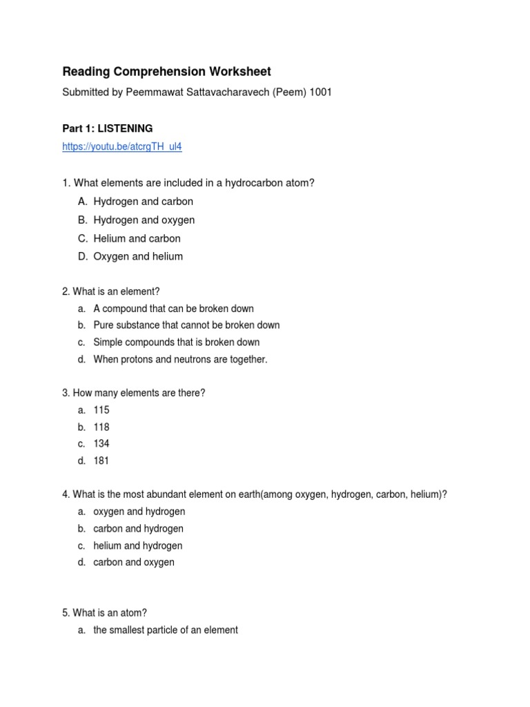 Reading Comprehension Worksheet: Submitted by Peemmawat ...