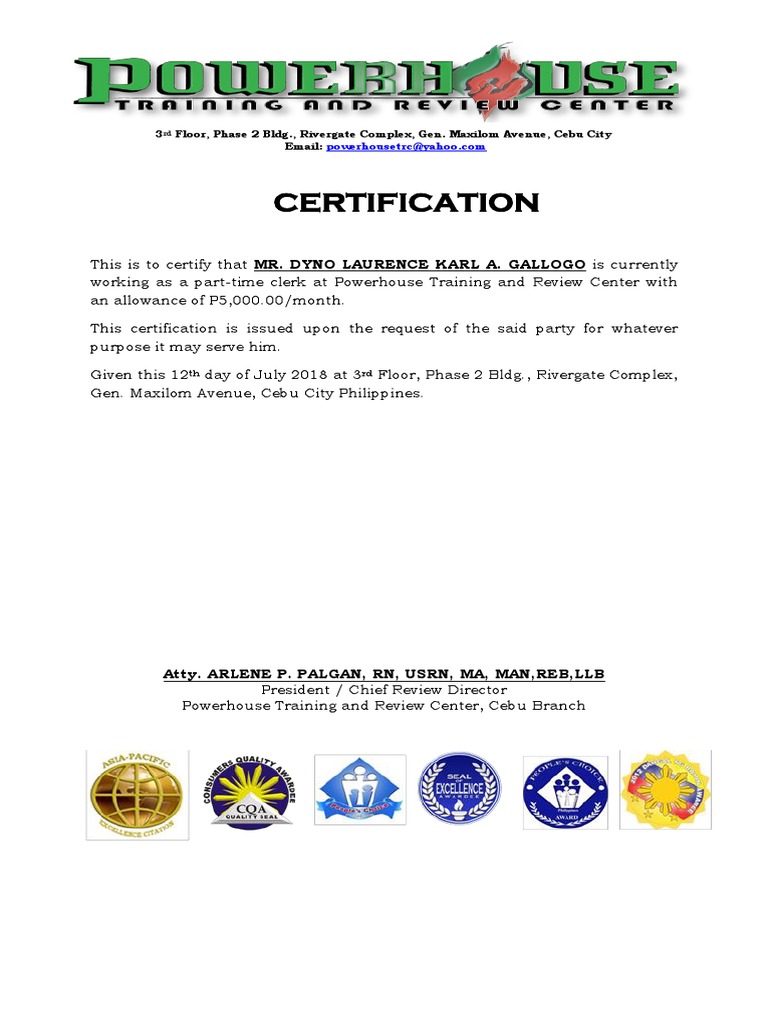 Certification: 3 Floor, Phase 2 BLDG., Rivergate Complex, Gen. Maxilom ...