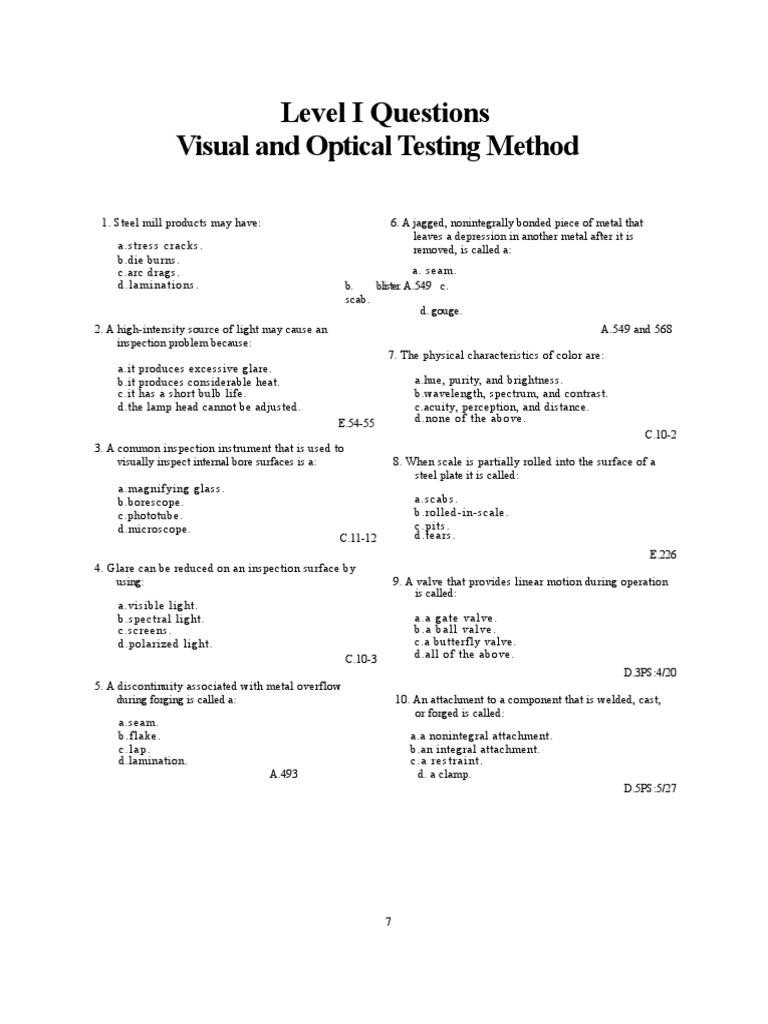 Level I Questions Visual and Optical Testing Method | PDF | Welding ...