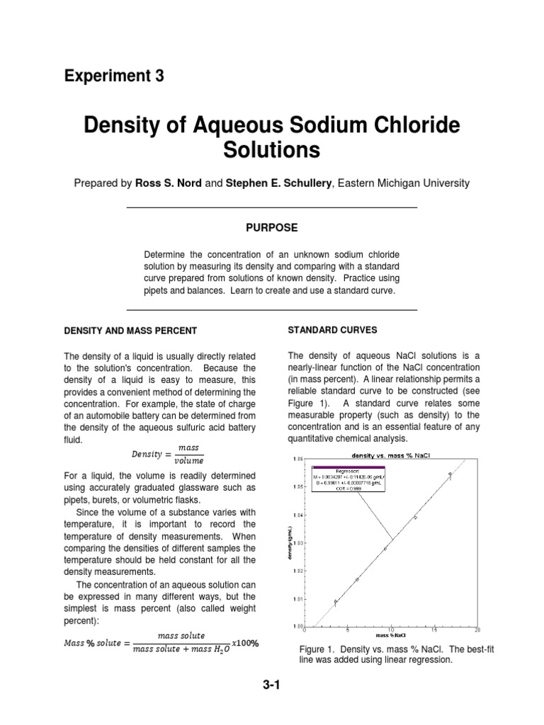 Density of Aqueous Sodium Chloride Solutions: Experiment 3 | PDF ...