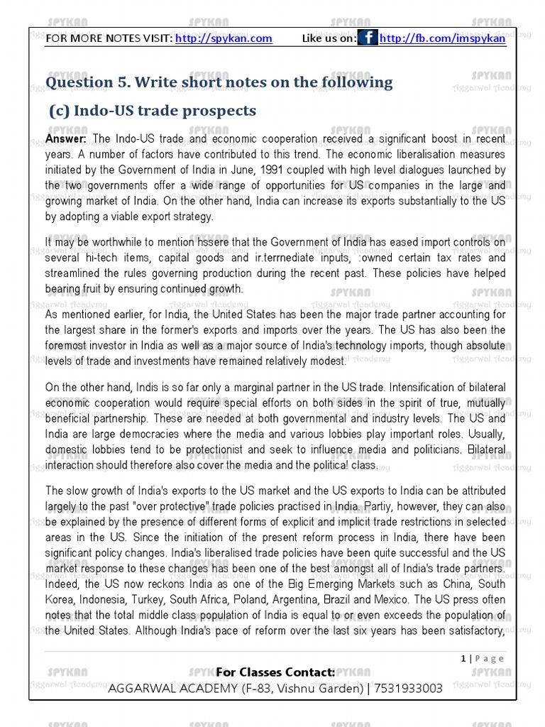 Question 5. Write Short Notes On The Following (C) Indo-US Trade ...
