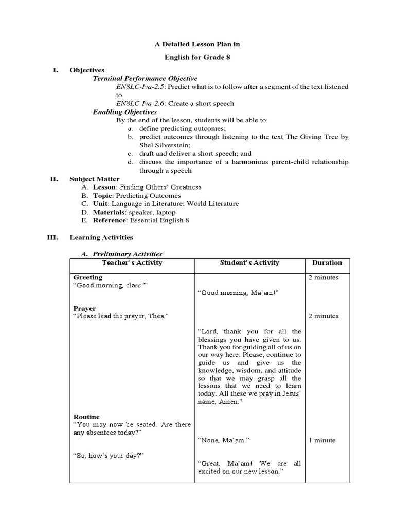Terminal Performance Objective: A Detailed Lesson Plan in English For ...