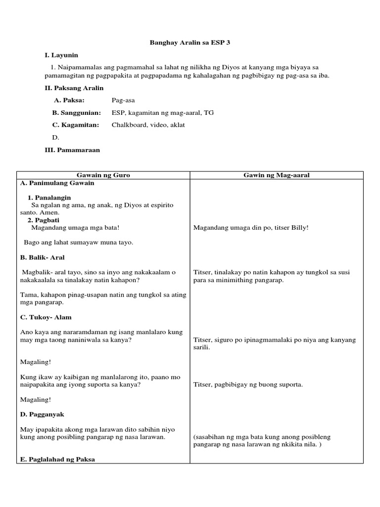 Banghay Aralin Sa ESP 3 | PDF