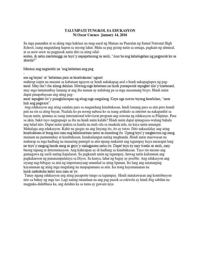 Talumpati Tungkol Sa Edukasyon | PDF