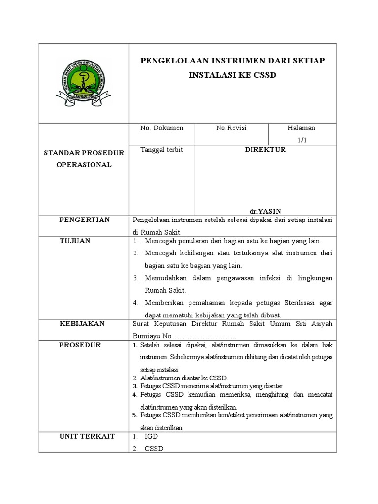 SOP Pengelolaan Instrumen Dari Instalasi Ke CSSD | PDF