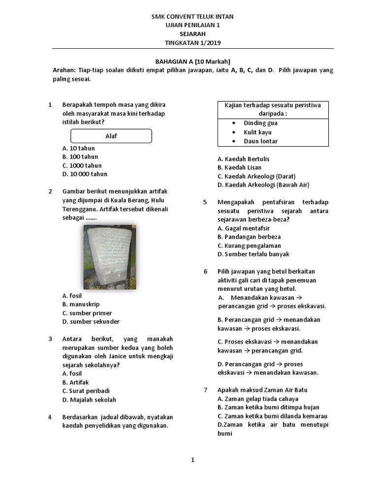 Ujian 1 Sejarah Tingkatan 1 | PDF