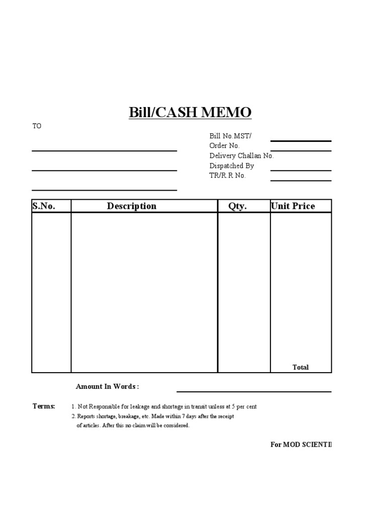 Cash Memo Bill Format Template | PDF
