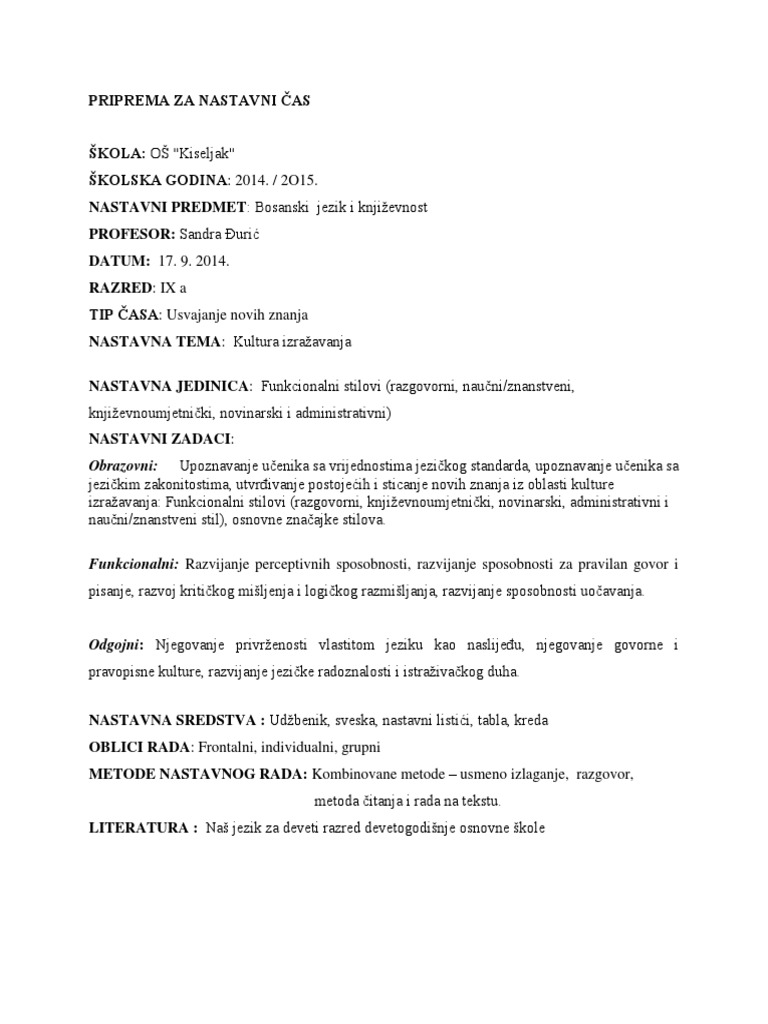 Priprema Za Nastavni Čas Funkcionalni Stilovi | PDF