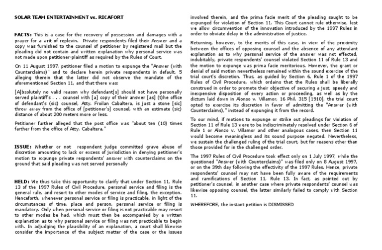 Replevin Case: Service Rule Violation | PDF | Pleading | Virtue